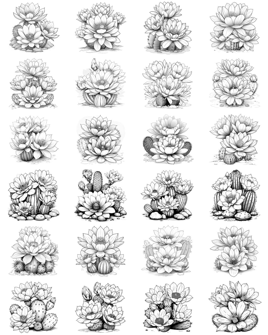 Cactus Blooms Line Art Black and White Bundle 1 24 Digital Ai Line Art ...
