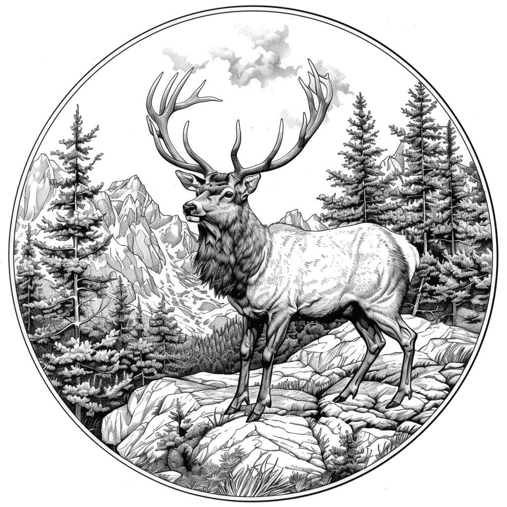 Elk Oval Mountain Forrest Black and White Line Art Bundle 2 36 Digital ...