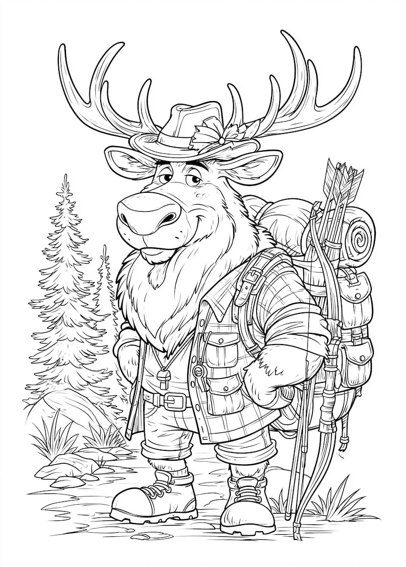 Elk Hunter Black and White Cartoon Bundle 1 12 Digital Ai Line Art PNG ...