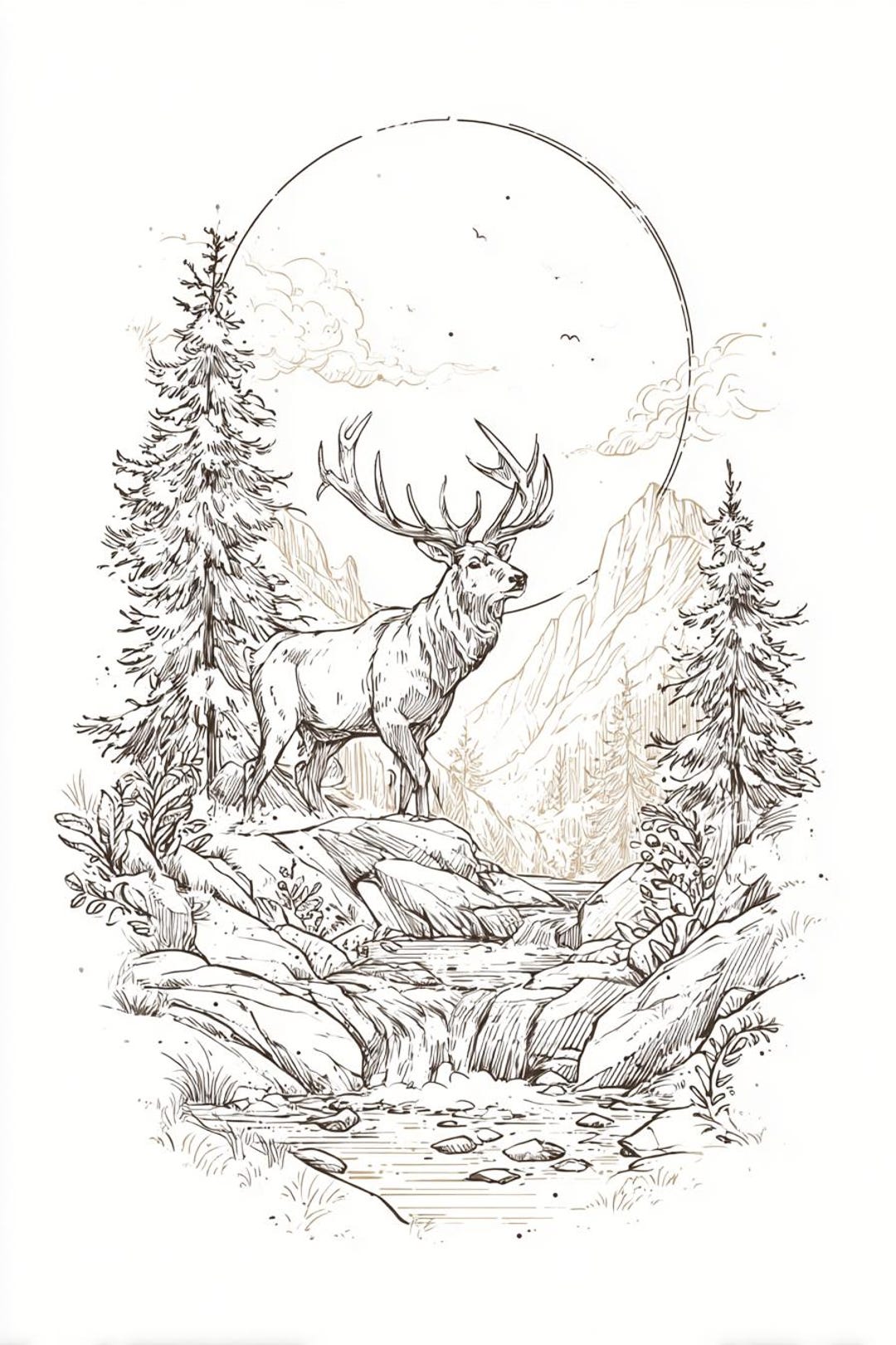 Elk Oval Mountain Forrest Black and White Line Art Bundle 6 18 Digital ...