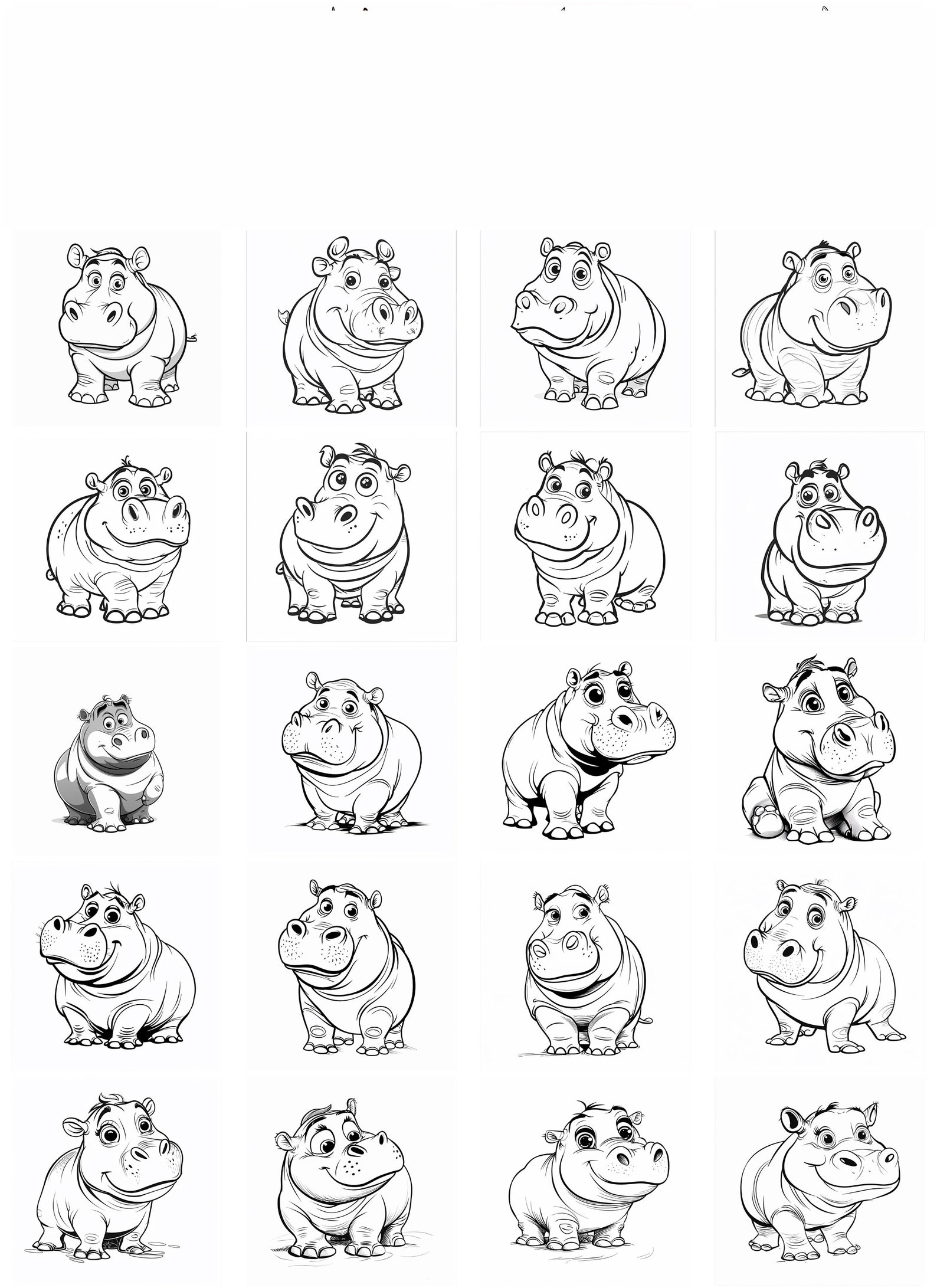 Hippo Cartoon Black and White Line Art Bundle 1 105 Digital Ai Line Art ...