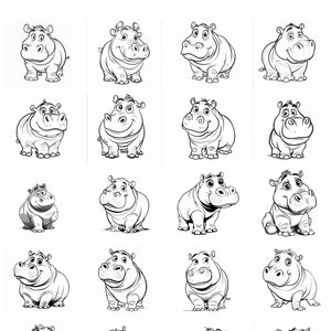 Hippo Cartoon Black and White Line Art Bundle 1 105 Digital Ai Line Art ...