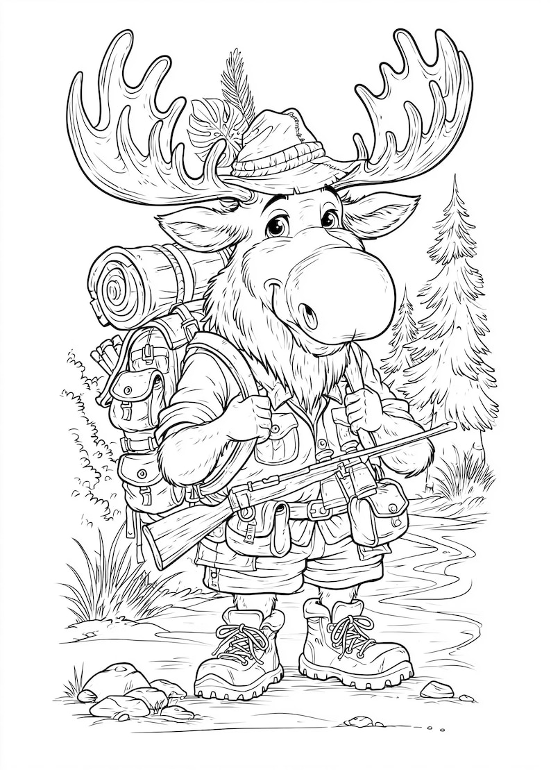 Elk Hunter Black and White Cartoon Bundle 1 12 Digital Ai Line Art PNG ...