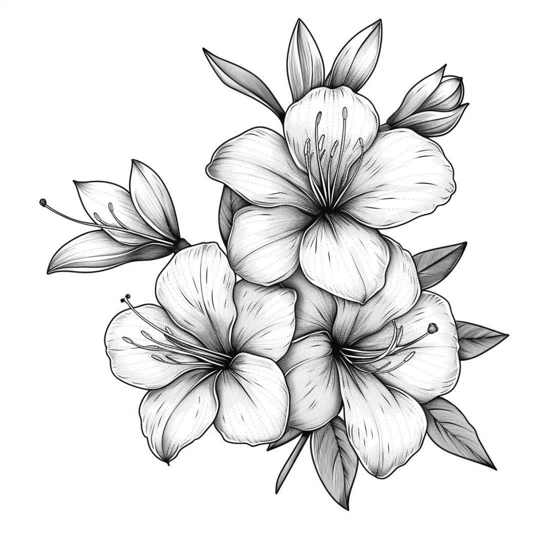 Azaleas Blooms Line Art Pen & Ink Monochrome Transparent Background ...