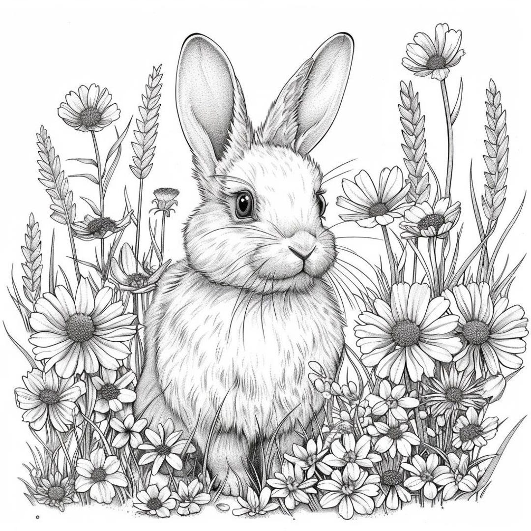 Bunny in Field of Flowers Line Art: Color/black & White Clipart (PNG ...