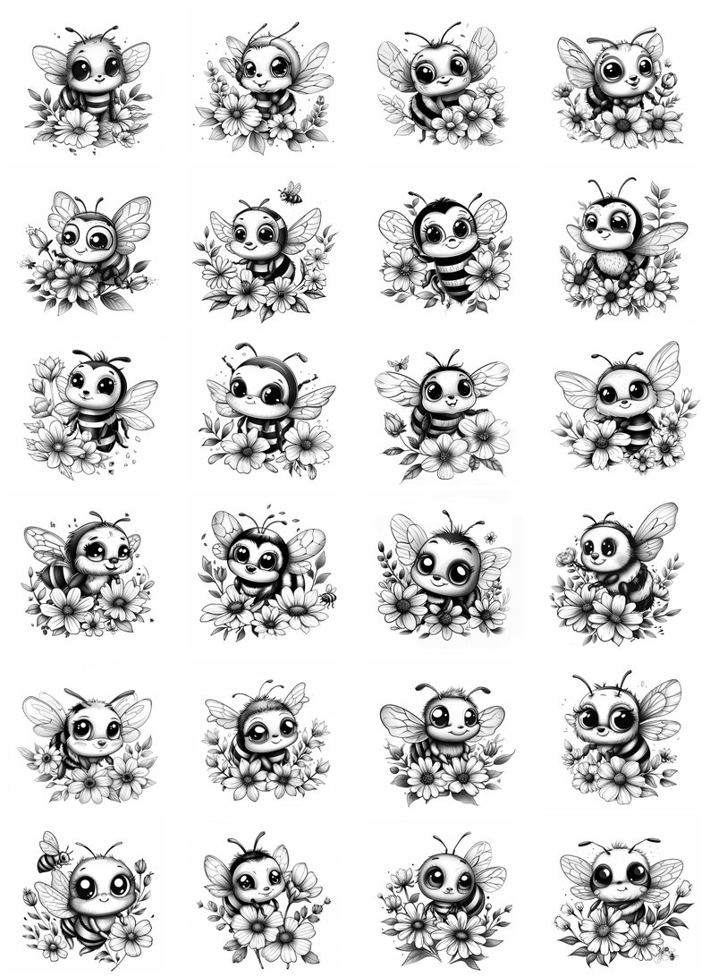 Bees and Flowers Cartoon Black and White Bundle 1 120 Digital Line Art ...