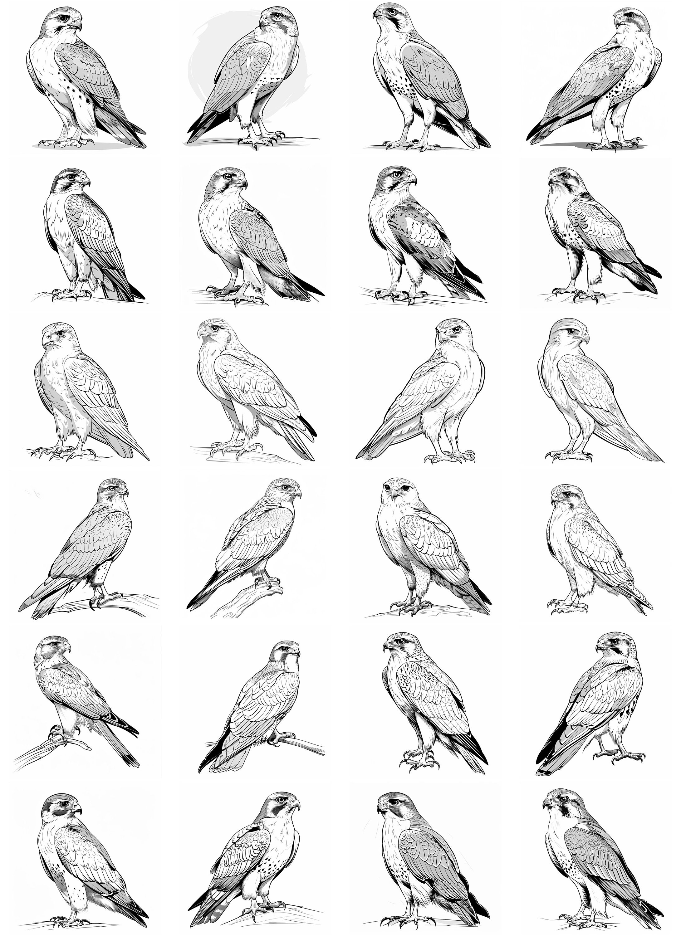 Hawk Realistic Line Art Illustration Black and White Bundle 1 96 ...