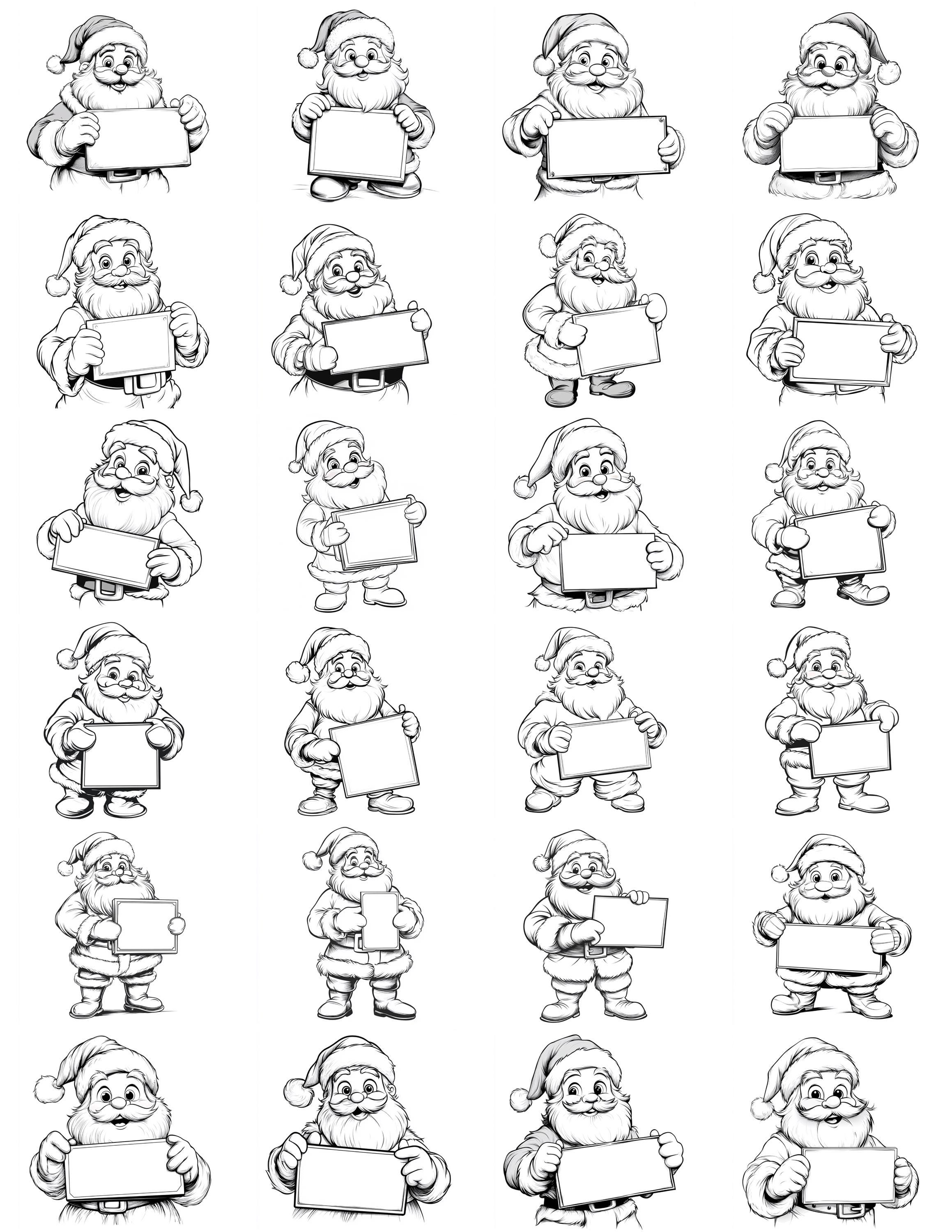 Santa Holding Sign Cartoon Line Art Illustration Black and White Bundle ...