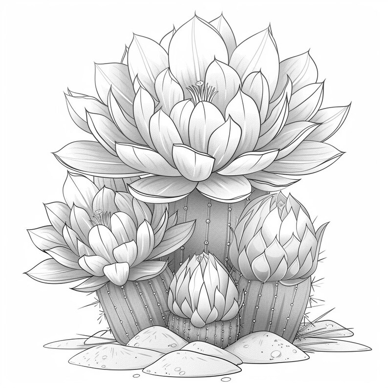 Cactus Blooms Line Art Black and White Bundle 2 24 Digital Line Art Ai ...