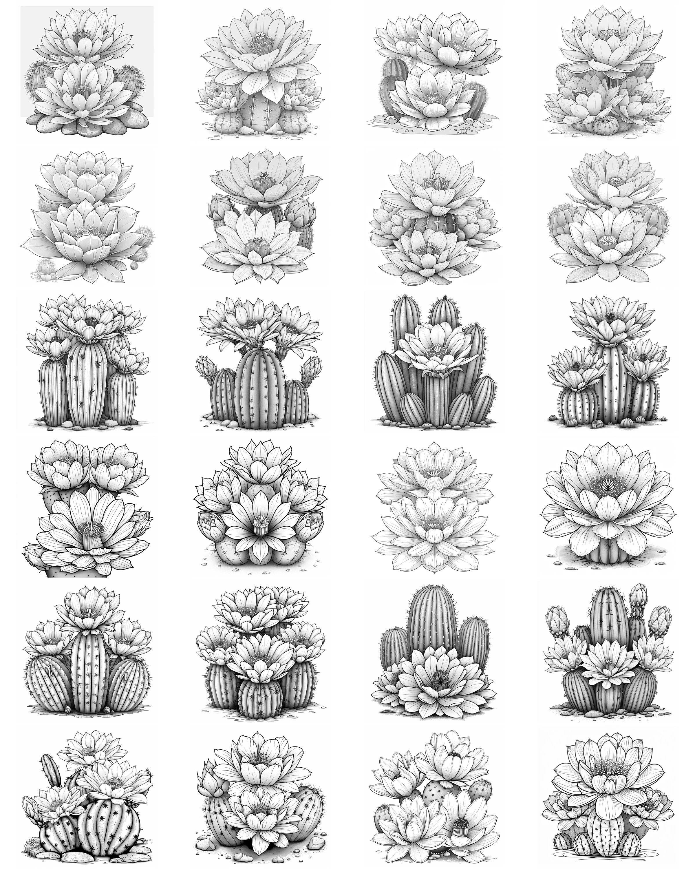 Cactus Blooms Line Art Black and White Bundle 3 20 Digital Line Art Ai ...
