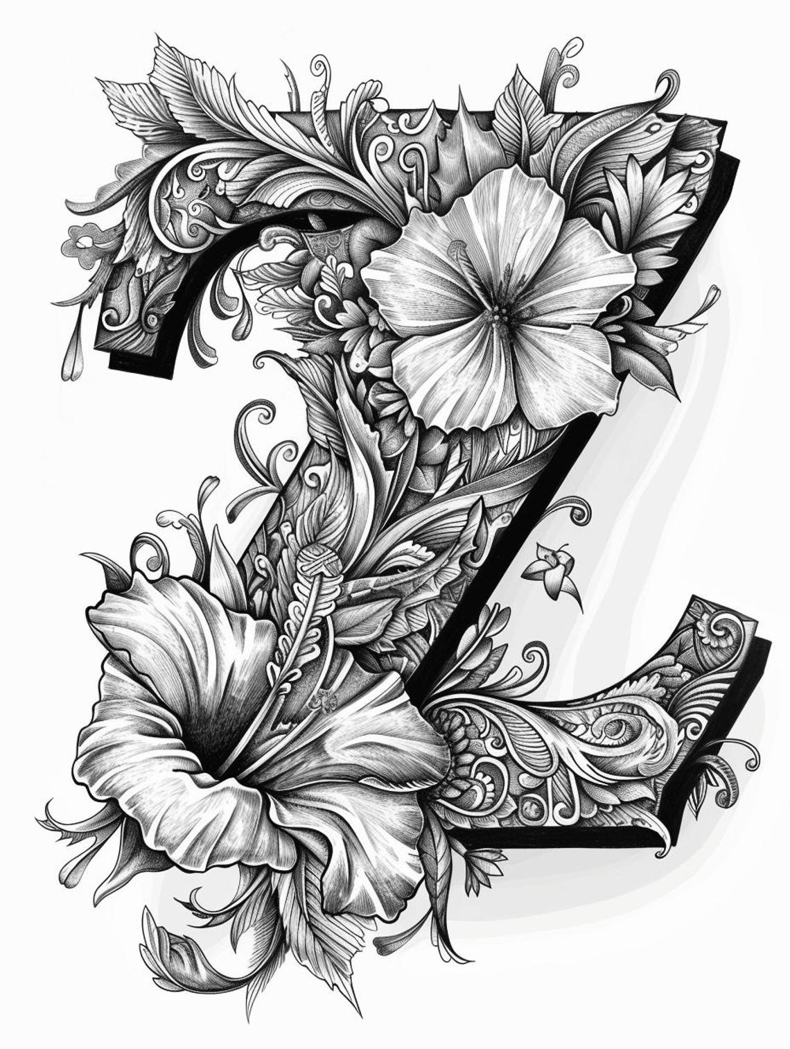 Cherry Blossom Alphabet Cap Drop Black/white Line Art Bundle O-Z 43 ...