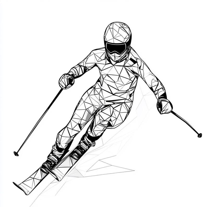 Skier Geometric Line Art Illustration Black and White Bundle 2 40 ...