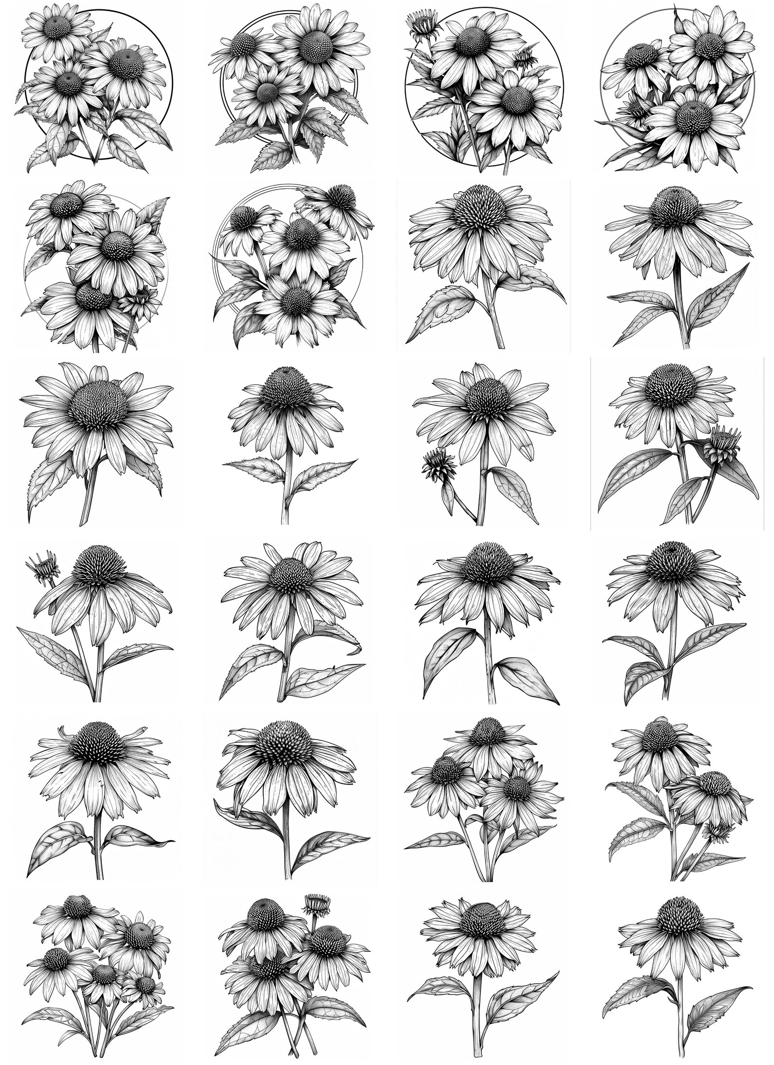 Coneflower Line Art Black and White Bundle 4 48 Digital Line Art Ai Svg ...