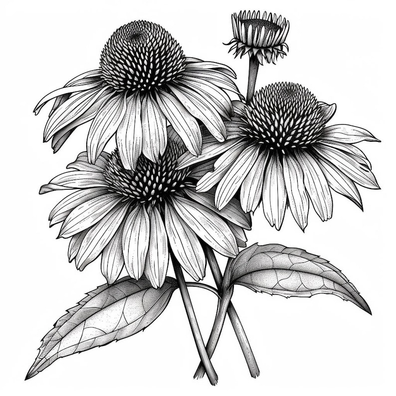 Coneflower Line Art Black and White Bundle 4 48 Digital Line Art Ai Svg ...