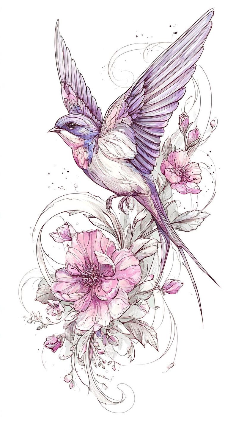 Swallow Flowers and Curls Line Art Color Bundle 1 26 Digital Ai Line ...