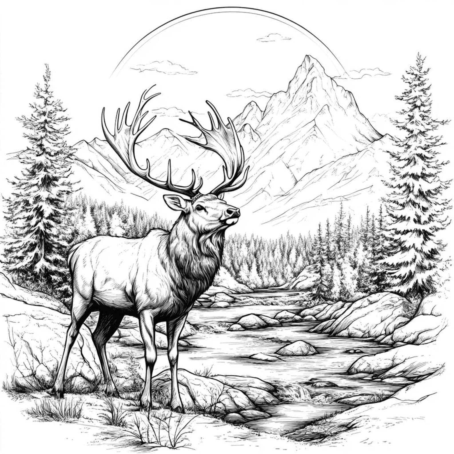 Elk Forrest Black and White Line Art Bundle 1 20 Digital Ai Line Art ...