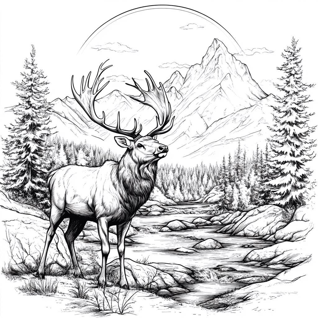 Elk Forrest Black and White Line Art Bundle 1 20 Digital Ai Line Art ...