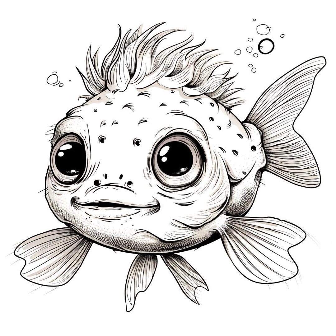 Puffer Fish Cartoons Black/white Line Art Bundle 3 48 Digital Line Art ...