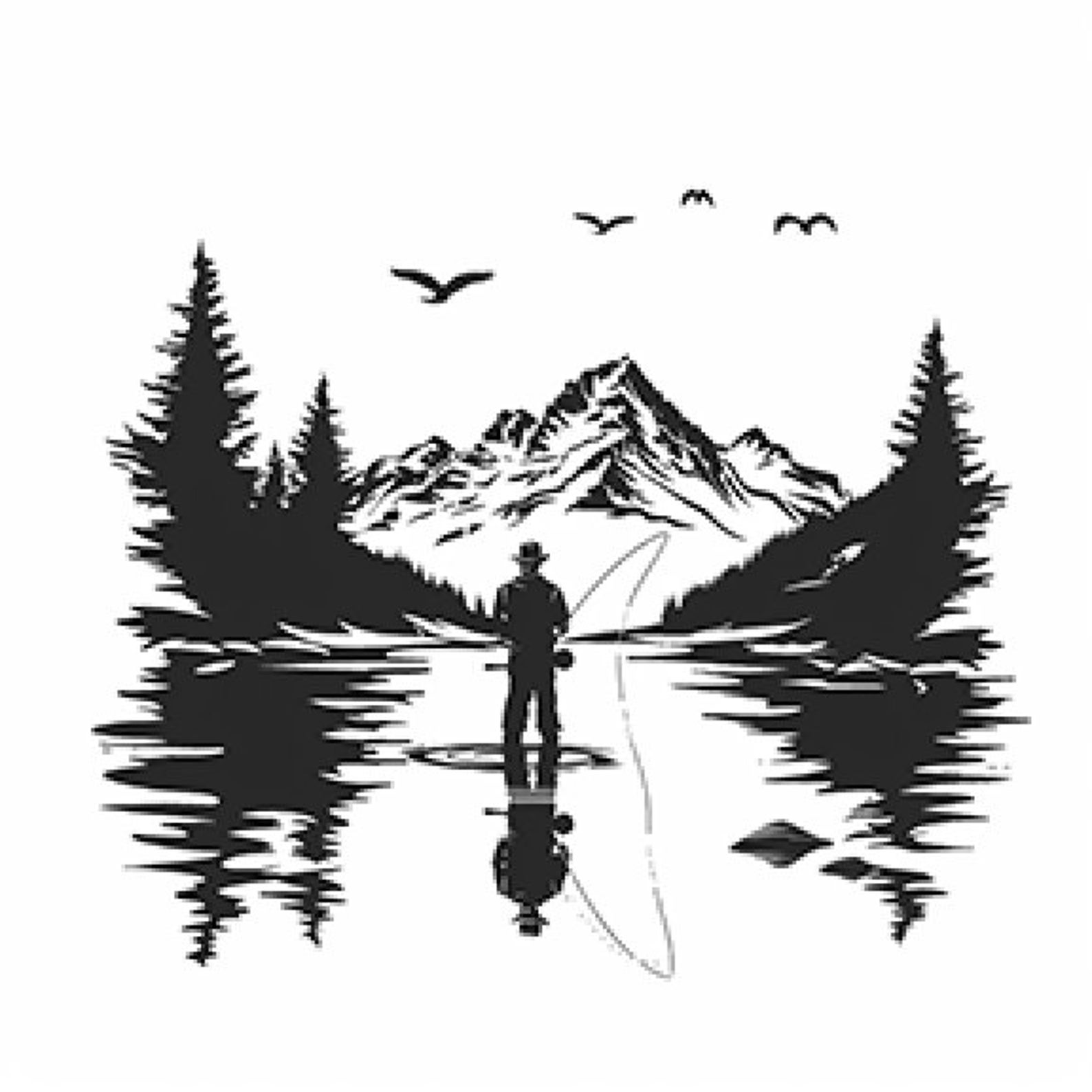 Fishing Mountain Scene Oval - Silhouette Black/white Line Art Bundle 2 ...