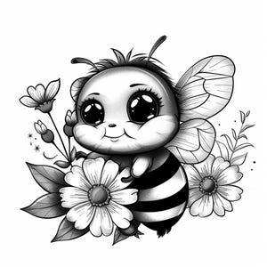 Bees and Flowers Cartoon Black and White Bundle 1 32 Digital Line Art ...