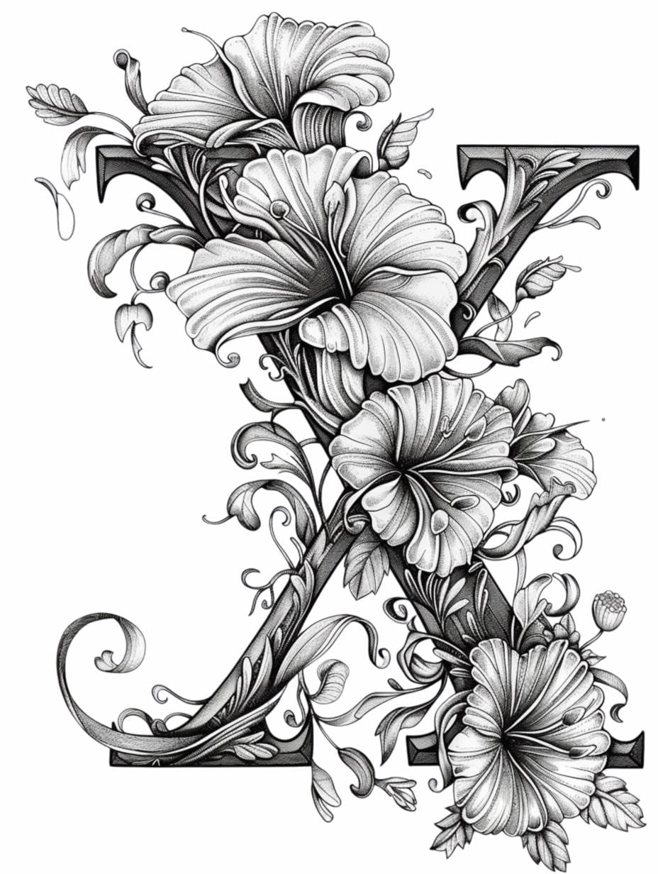 Cherry Blossom Alphabet Cap Drop Black/white Line Art Bundle V-Z 19 ...