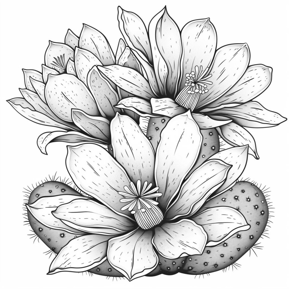 Cactus Blooms Line Art Black and White Bundle 1 24 Digital Ai Line Art ...