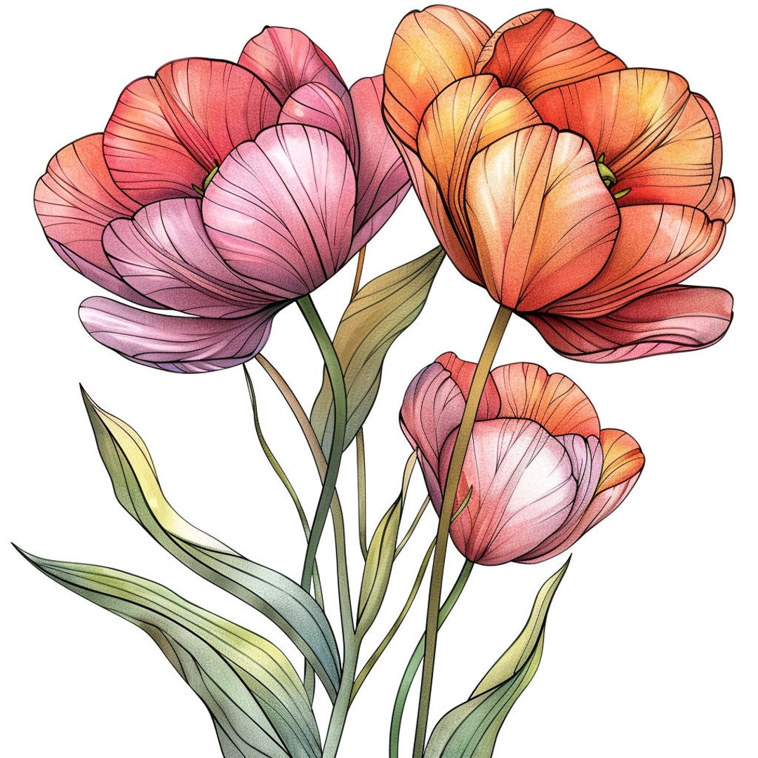 Tulip Blooms Line Art Vivid Color Bundle 2 72 Digital Line Art AI Svg ...