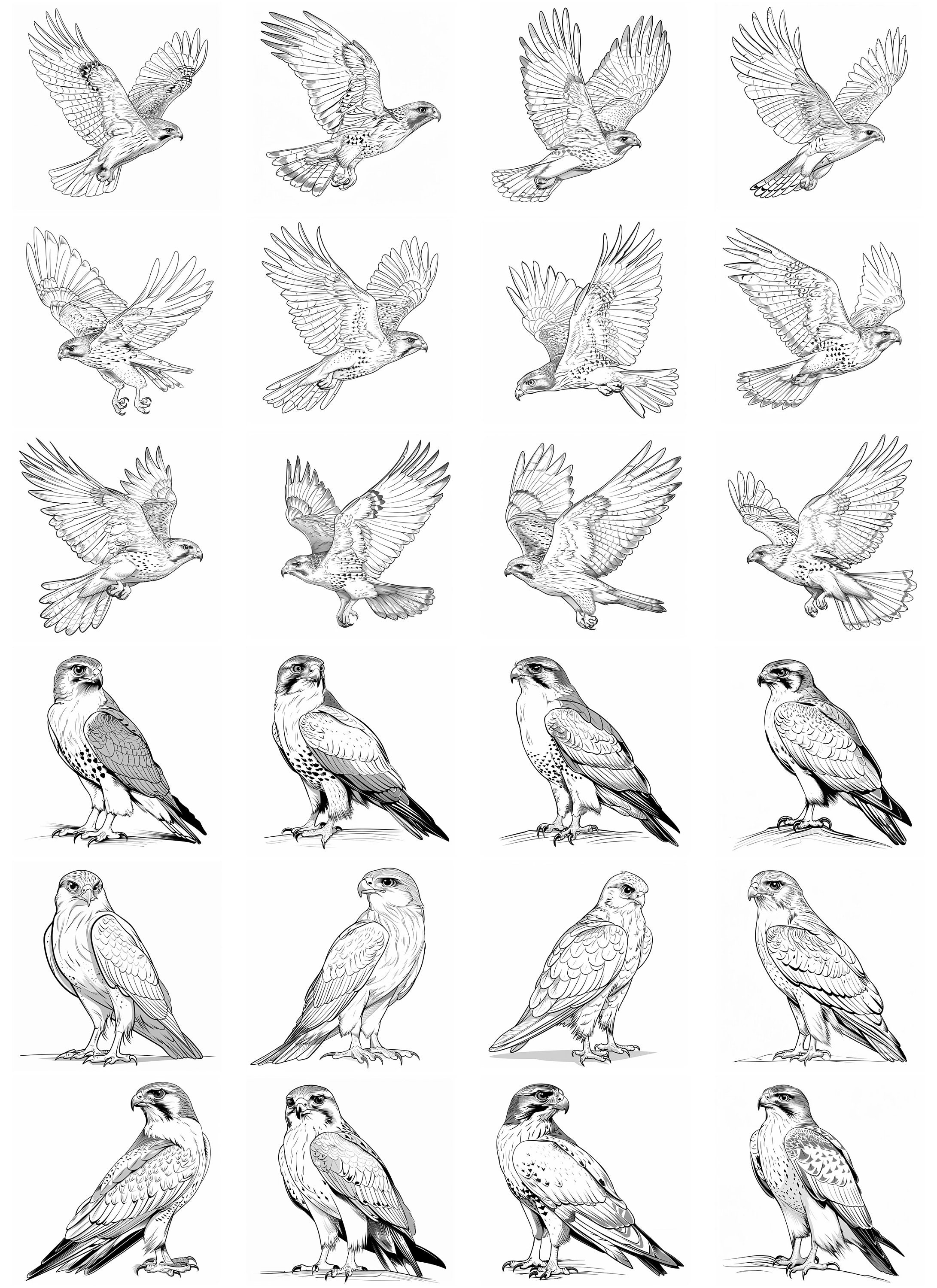 Hawk Realistic Line Art Illustration Black and White Bundle 1 96 ...