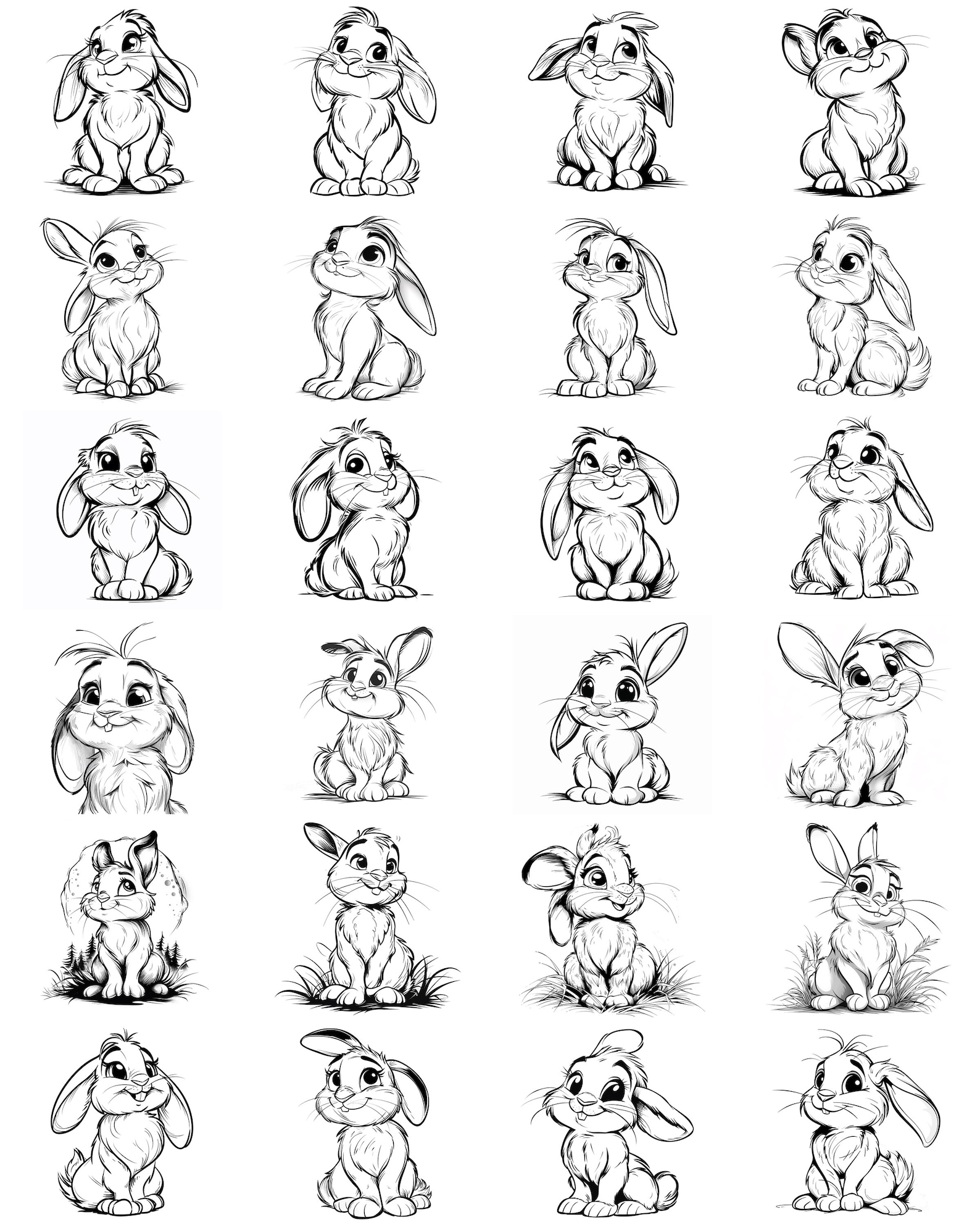 Rabbit Cartoon Color/black/white Bundle 2 80 Digital Line Art AI Svg ...