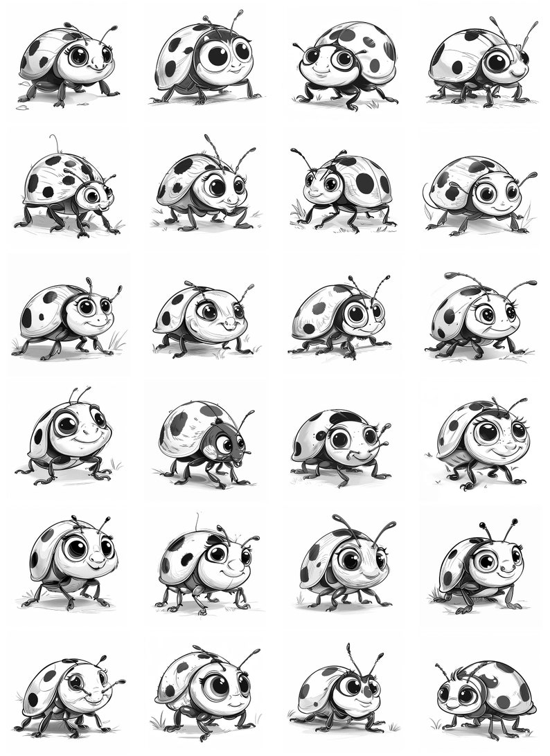 Ladybug Cartoon Black and White Bundle 1 72 Digital Ai Line Art PNG-SVG ...