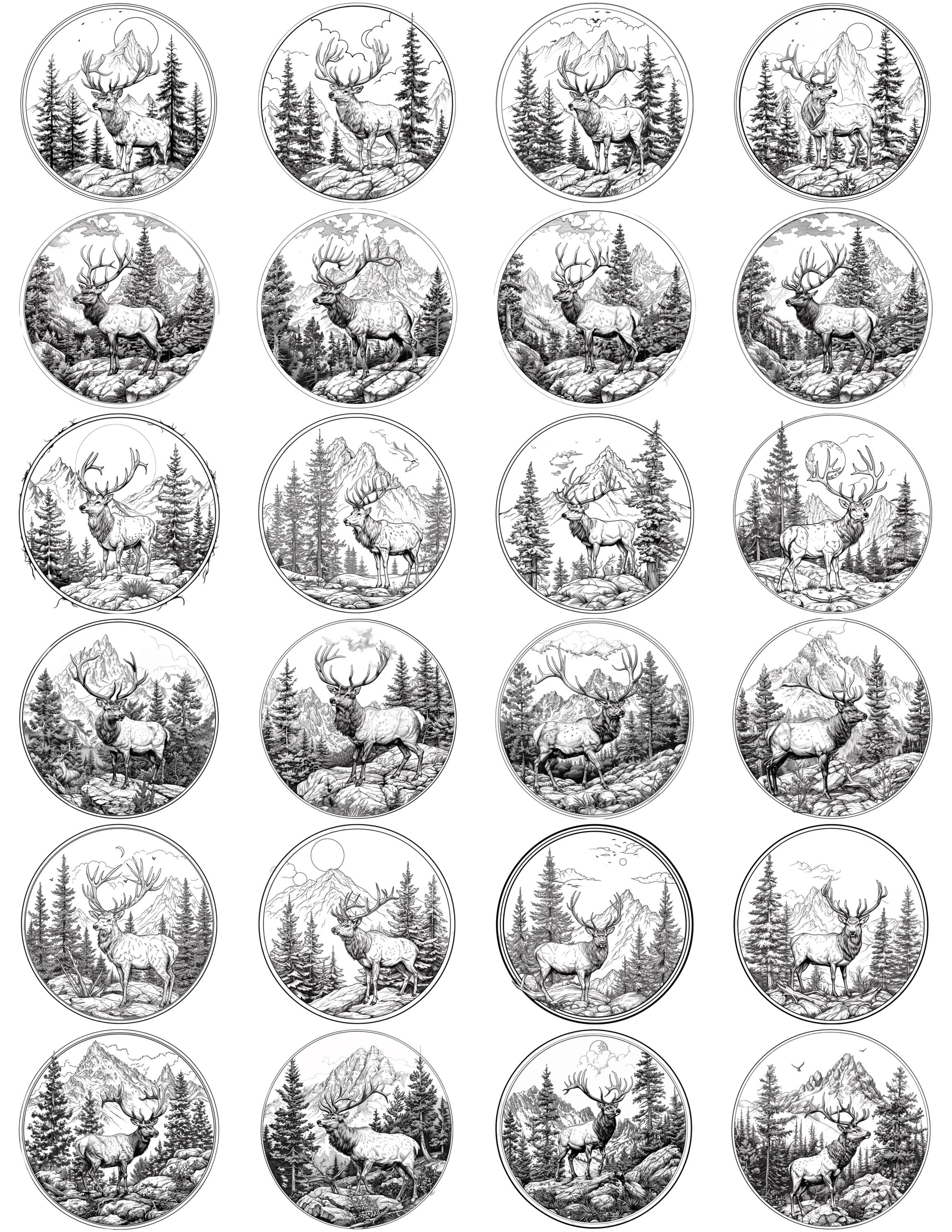 Elk Oval Mountain Forrest Black and White Line Art Bundle 2 36 Digital ...