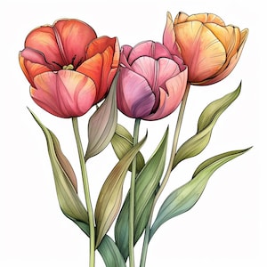 Tulip Blooms Line Art Vivid Color Bundle 3 32 Digital Ai Line Art PNG ...