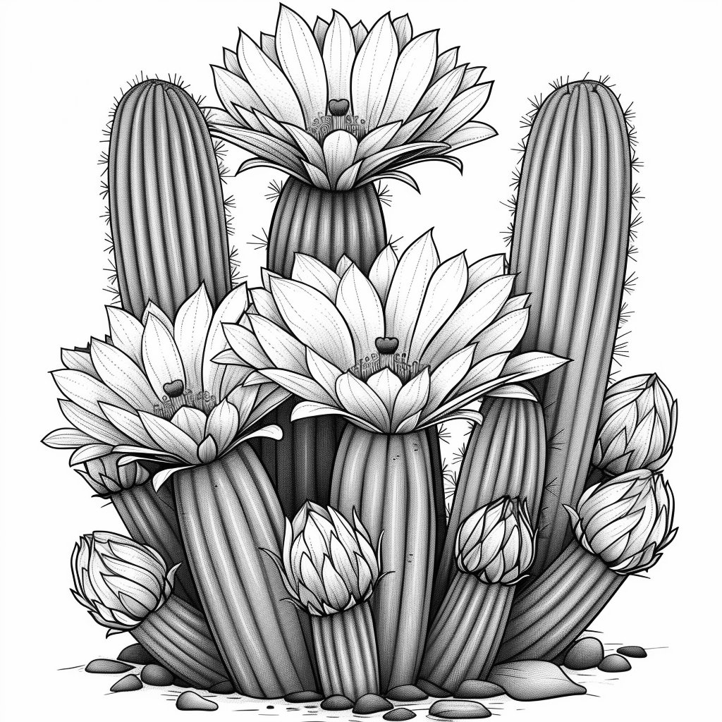 Cactus Blooms Line Art Black and White Bundle 3 20 Digital Line Art Ai ...