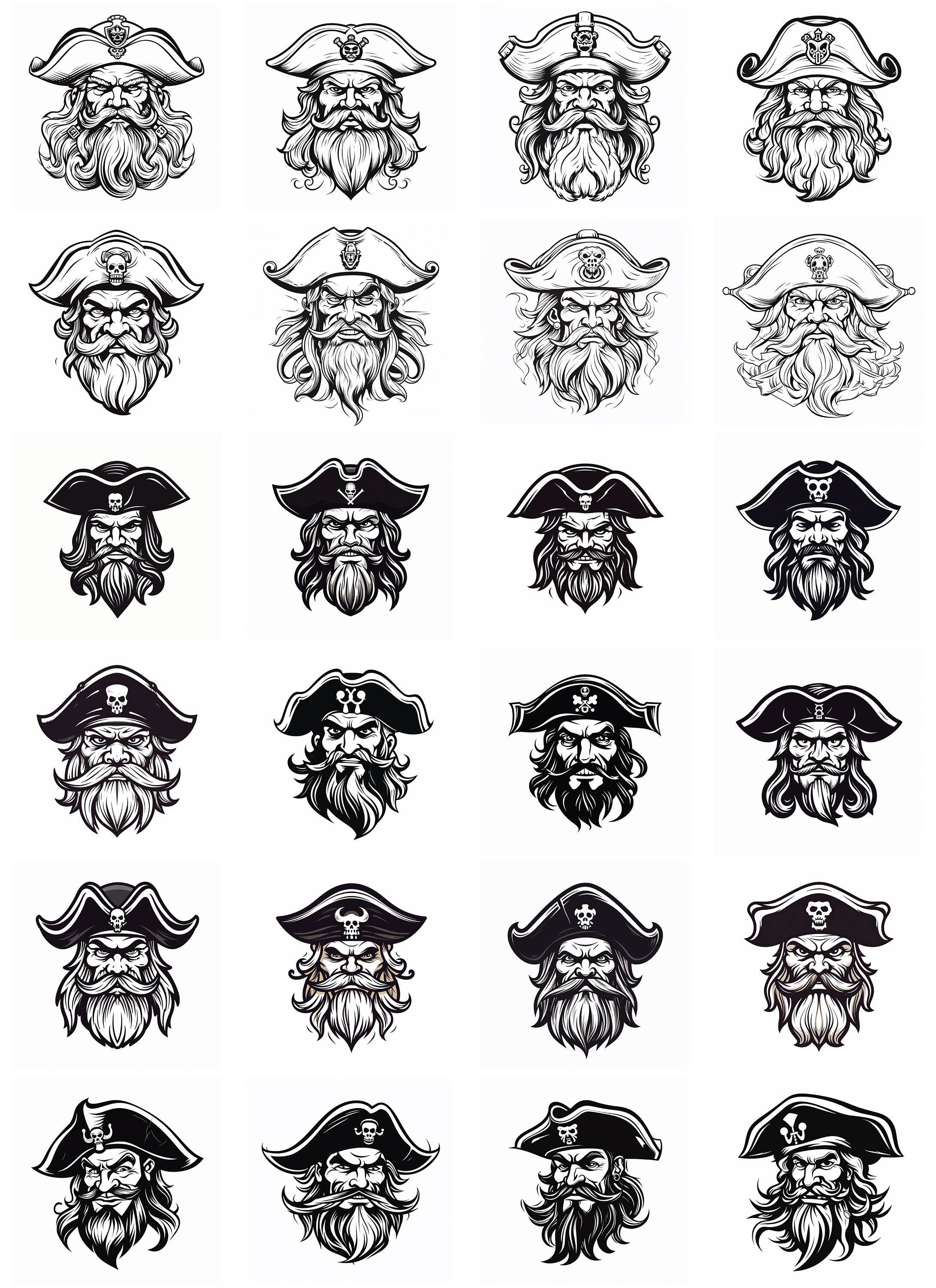 Pirate Head Line Art Black and White Bundle 1 120 Digital Line Art Ai ...