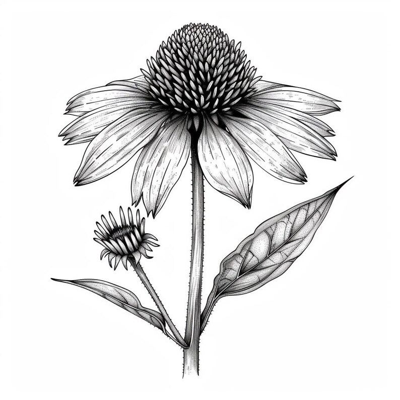 Coneflower Line Art Black and White Bundle 4 36 Digital Ai Line Art PNG ...