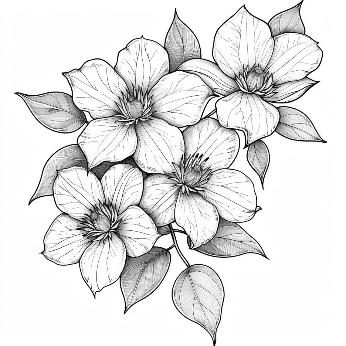 Clematis Blossoms Black/white Line Art Bundle 1 40 Digital Ai Line Art ...