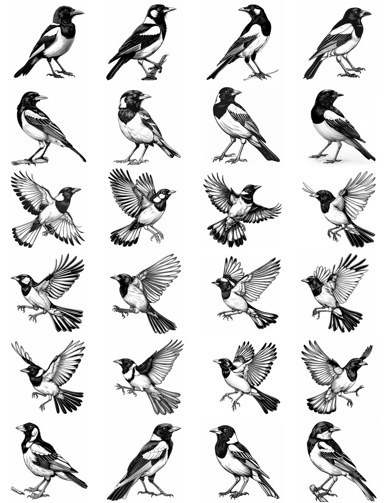 Magpie Realistic Line Art Illustration Black and White Bundle 1 50 ...