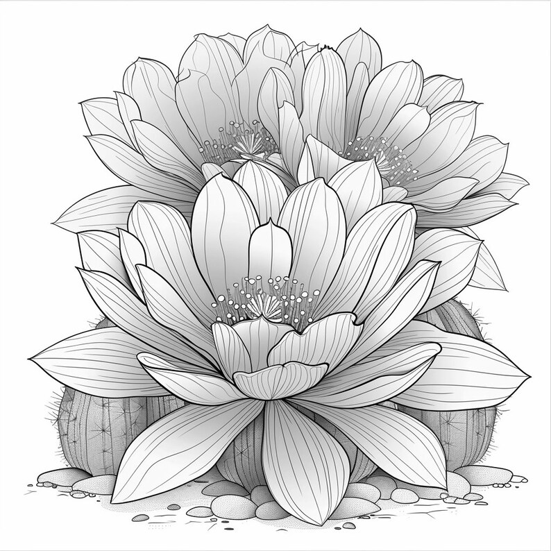 Cactus Blooms Line Art Black and White Bundle 2 24 Digital Line Art Ai ...