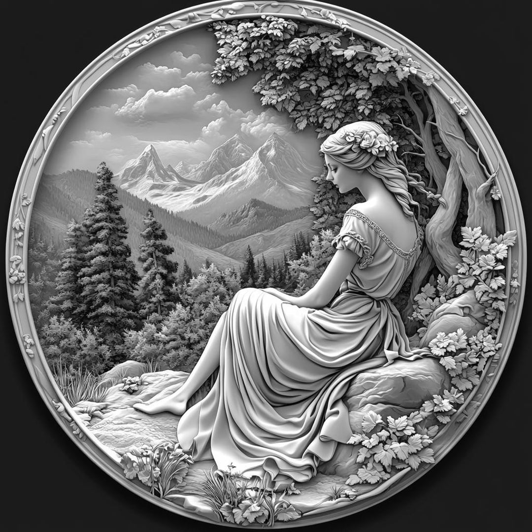 Woman in Forrest Bas Relief Line Art Illustration Greyscale Bundle 3 31 ...
