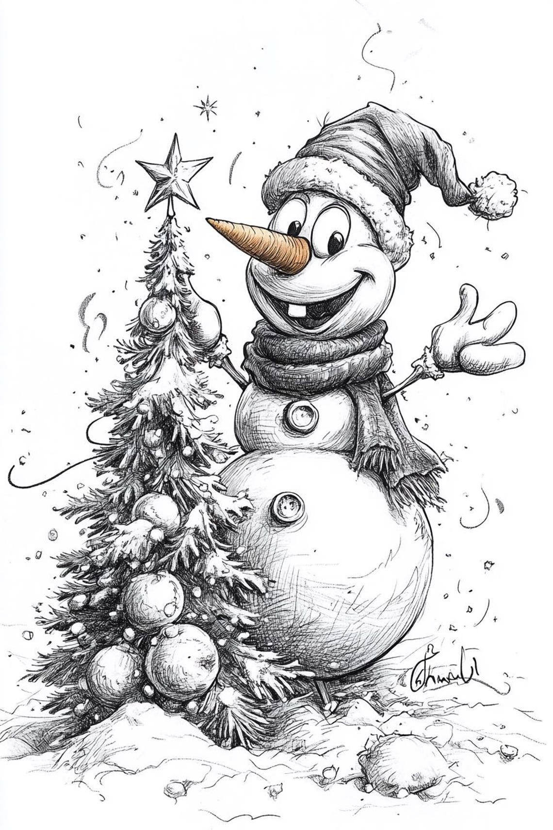 Snowman and Christmas Tree Line Art Illustration Color Bundle 1 20 ...