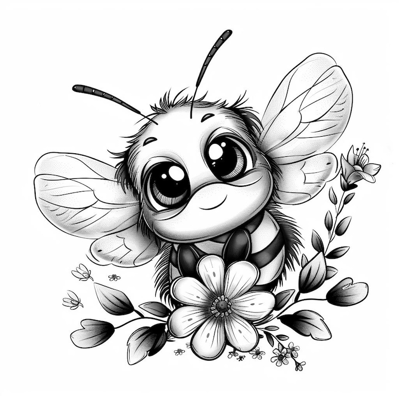 Bees and Flowers Cartoon Black and White Bundle 1 32 Digital Line Art ...