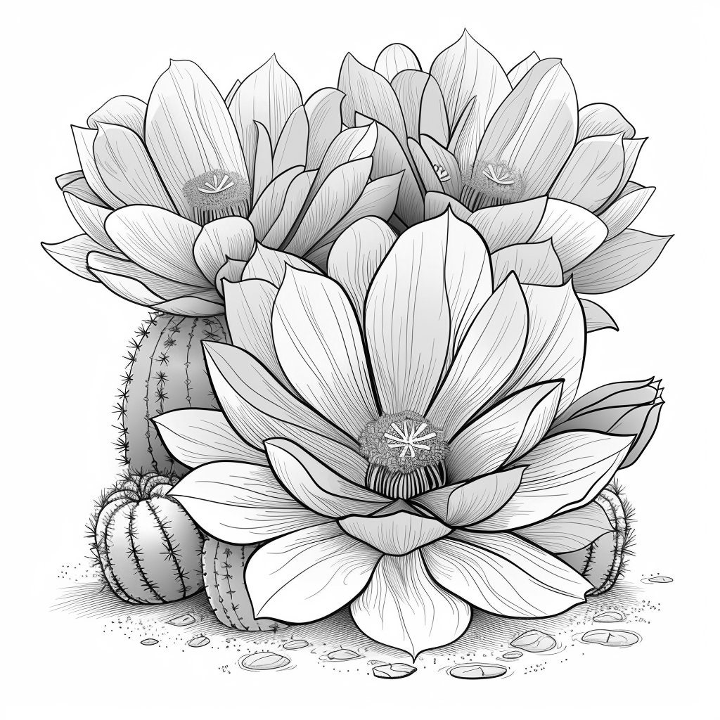 Cactus Blooms Line Art Black and White Bundle 2 24 Digital Line Art Ai ...