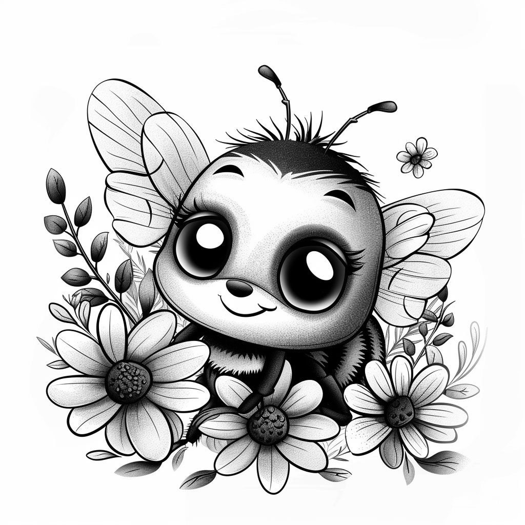 Bees and Flowers Cartoon Black and White Bundle 1 120 Digital Line Art ...