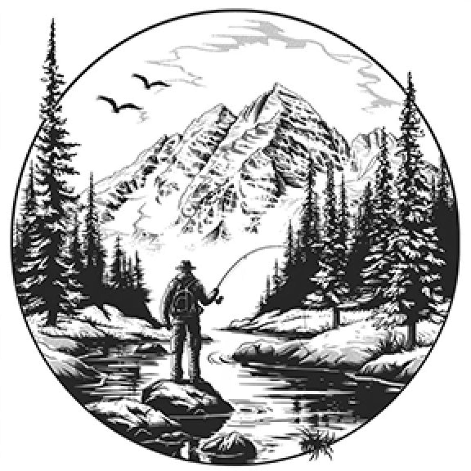 Fishing Mountain Scene Oval - Silhouette Black/white Line Art Bundle 2 ...