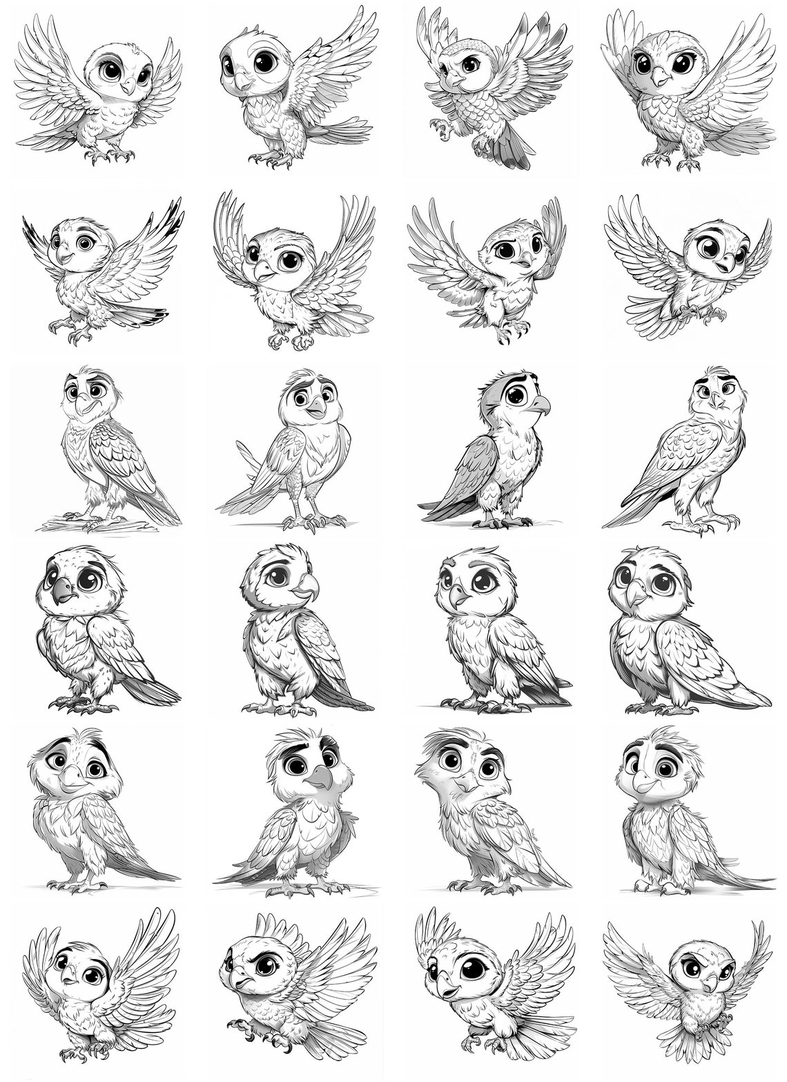 Hawk Cartoon Illustration Black and White Bundle 1 96 Digital Line Art ...