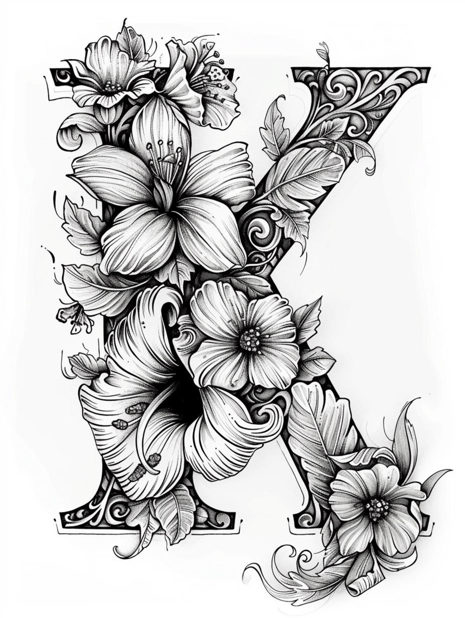 Cherry Blossom Alphabet Cap Drop Black/white Line Art Bundle H-N 28 ...
