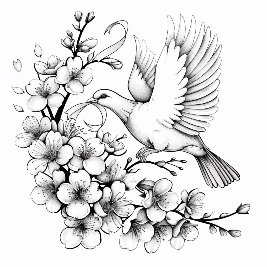 Cherry Blossoms and Doves Black/white Line Art Bundle 3 40 Digital Ai ...