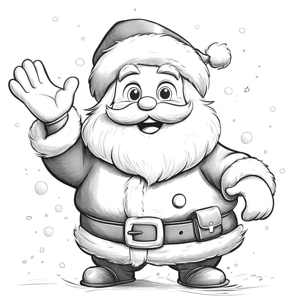Santa Cartoon Line Art Illustration Black and White Bundle 1 36 Digital ...