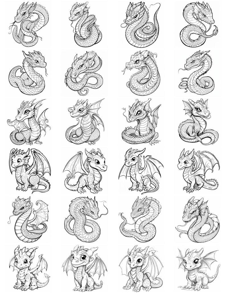 Dragon Cartoon Black and White Bundle 3 85 Digital Ai Line Art PNG-SVG ...
