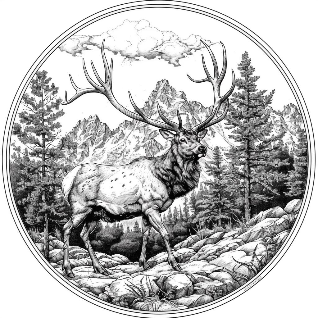 Elk Oval Mountain Forrest Black and White Line Art Bundle 2 36 Digital ...